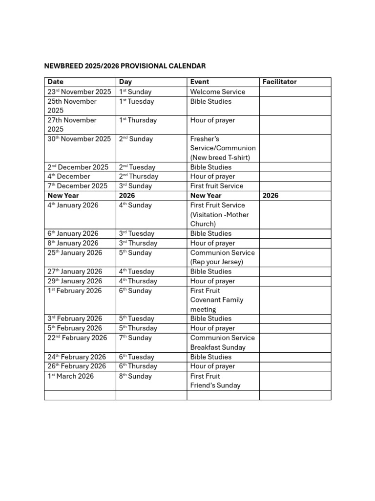 Newbreed 2025/2026 Provisional Calendar Date Day Event Facilitator | PDF