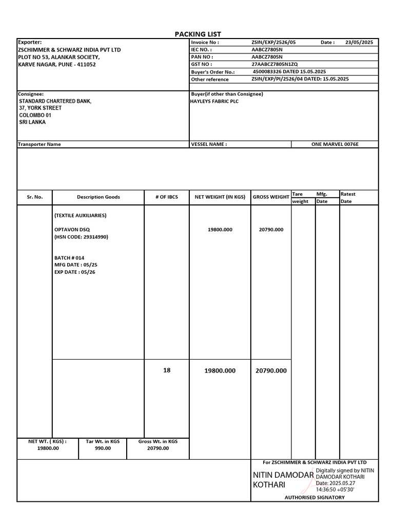 Zsin - 05 - PKG List 19.800 MT - Euro For Customs | PDF