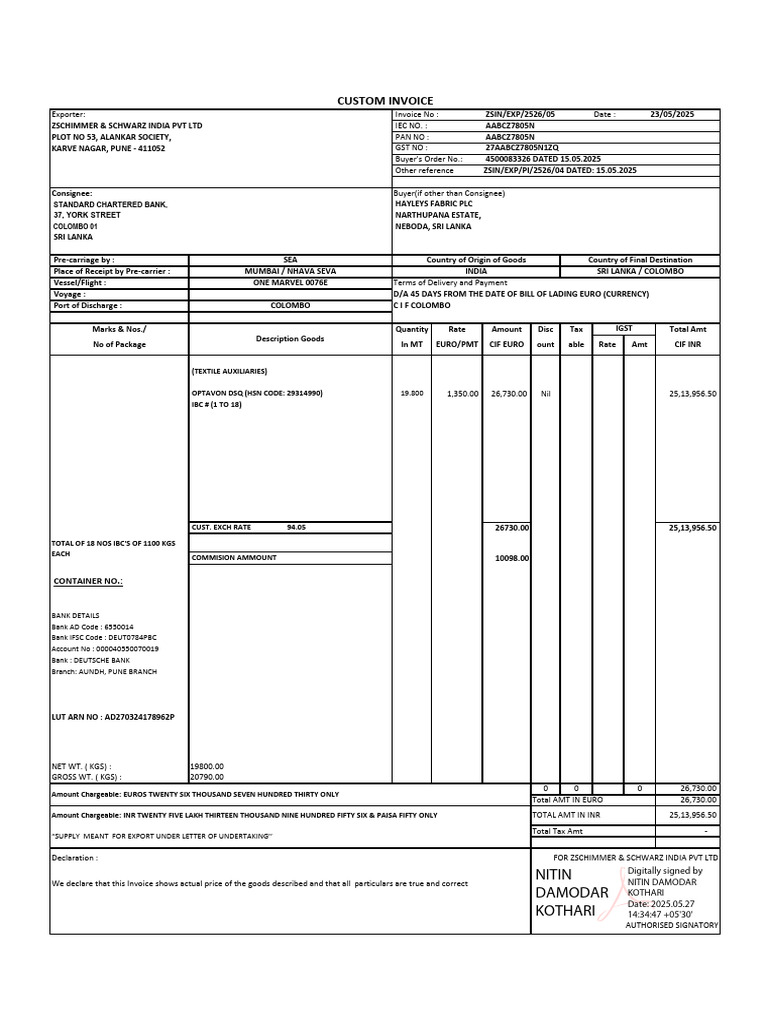 Export Invoice for Textile Auxiliaries | PDF | Invoice | Business