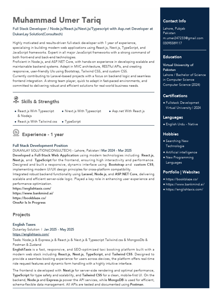 Muhammad Umer FullStack Resume | PDF | User Interface | Systems Engineering