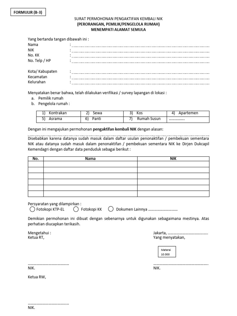 (Formulir B-3) Surat Permohonan Pengaktifan Kembali | PDF