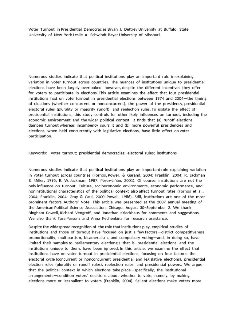 Impact of Presidential Institutions on Voter Turnout | PDF | Elections ...
