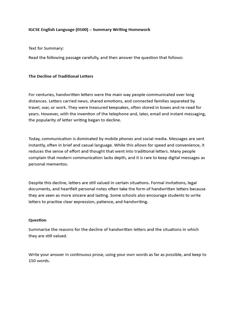 IGCSE English Language Summery Writing Exercise 2 Handwritten Letters | PDF