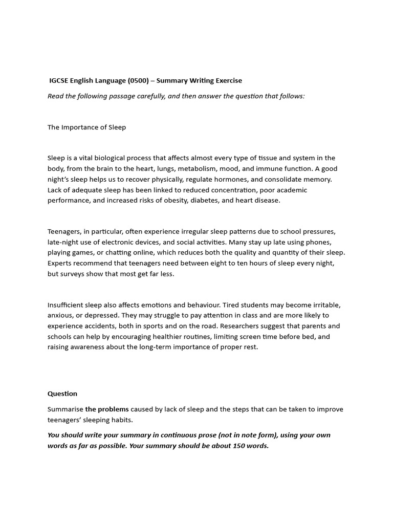 IGCSE English Language Summary Writing Exercise Importance of Sleep | PDF