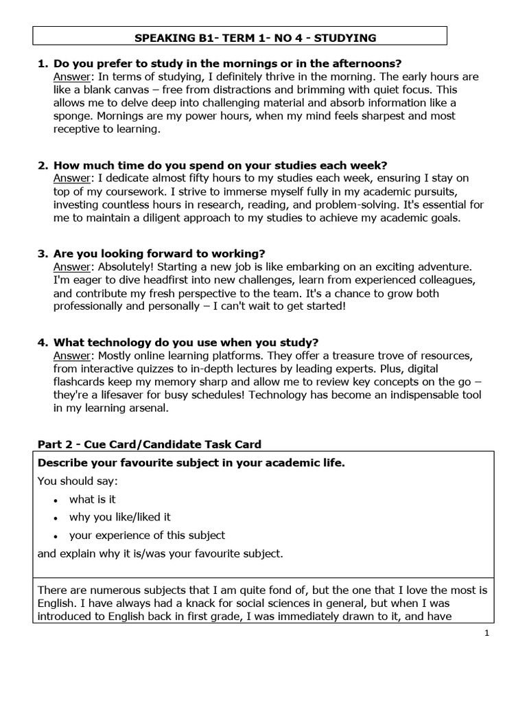 Speaking B1 - Term 1 - No 4 - Studying | PDF | Learning | Teachers