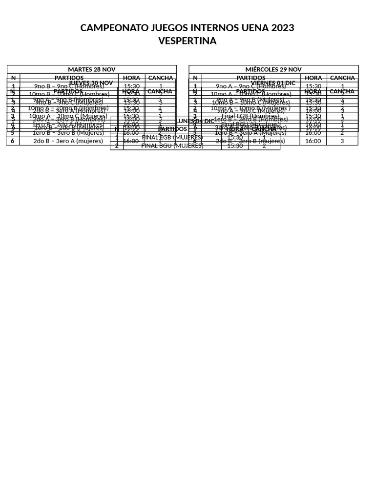Juegos Internos UENA 2023: Partidos y Horarios | PDF