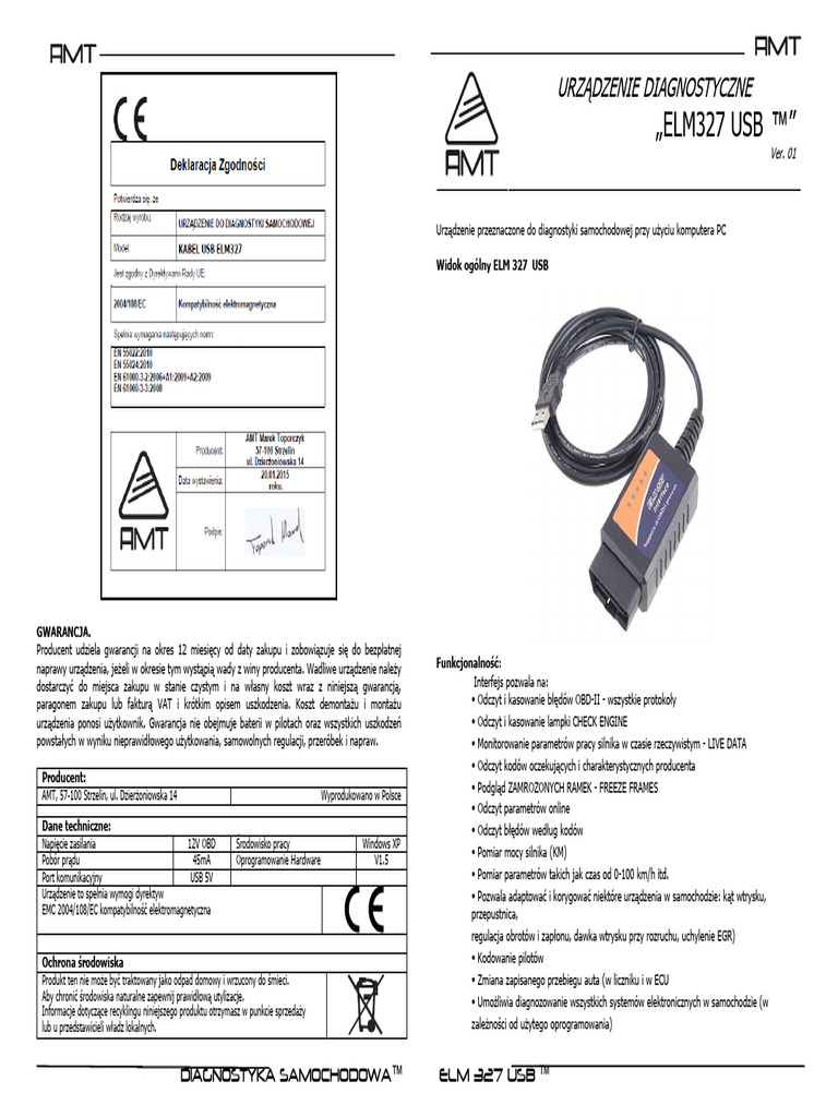 ELM 327 USB Instrukcja | PDF