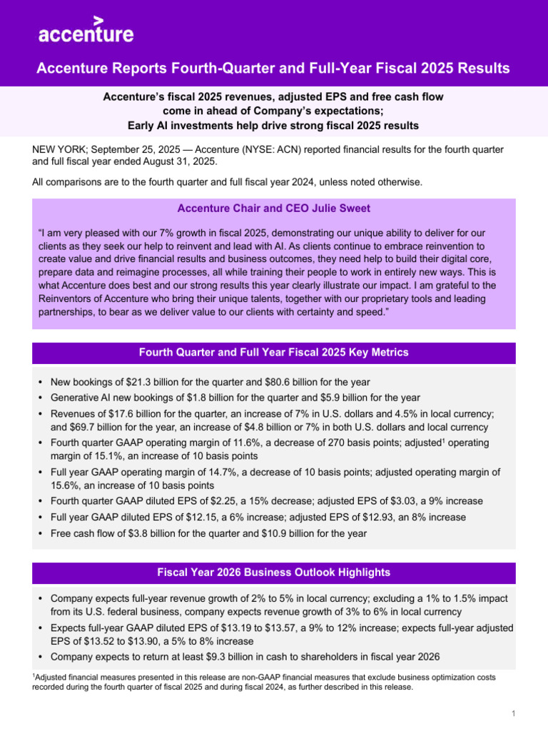Accenture FY25 Results: $80.6B Bookings | PDF | Earnings Per Share | Risk