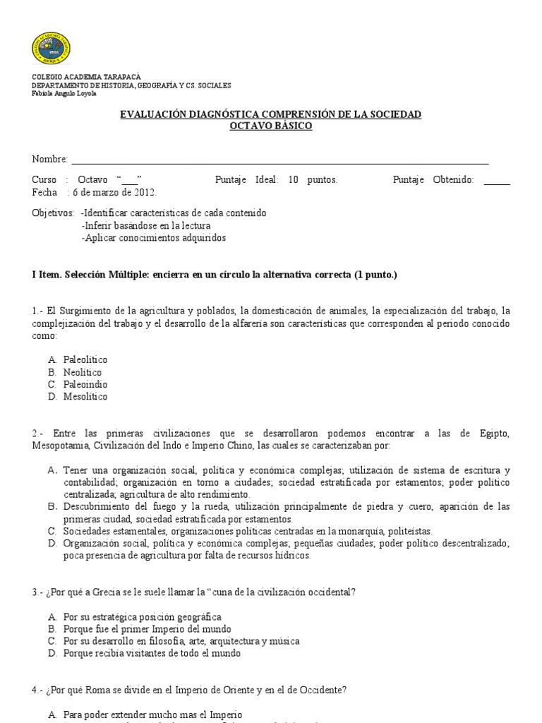 Evaluación Diagnóstica Historia 8° Básico | PDF | Baja Edad Media ...