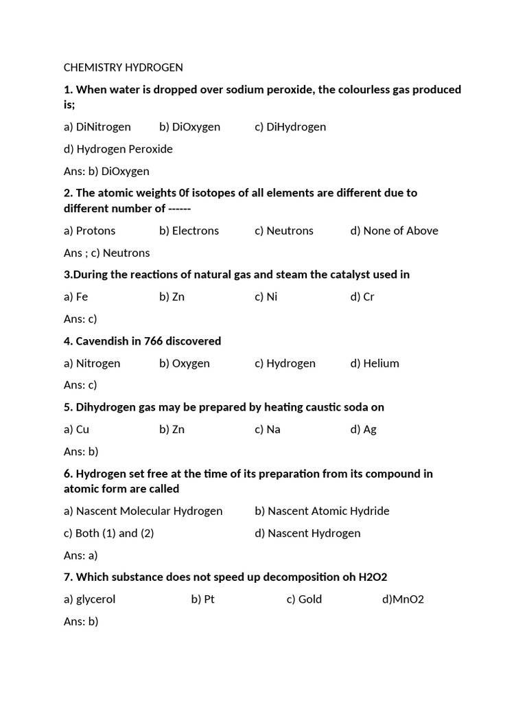 Hydrogen Chemistry Quiz Questions | PDF