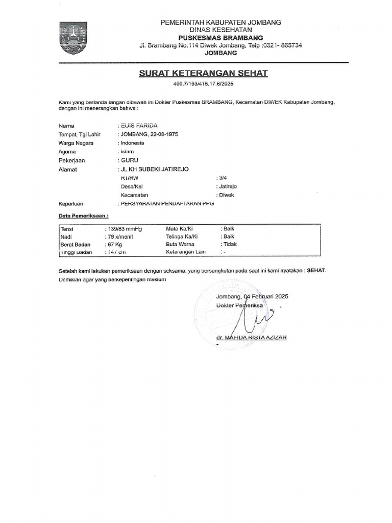 Scan Surat Keterangan Sehat Euis | PDF