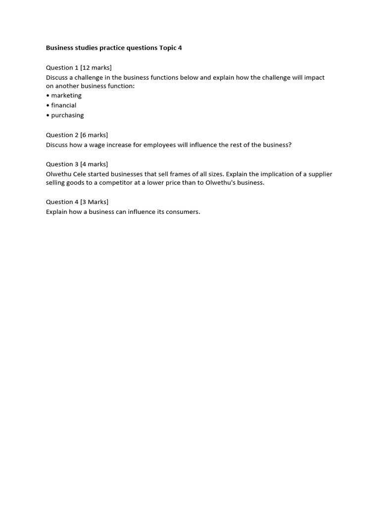 Business Studies Practice Questions Topic 4 | PDF | Budget | Marketing