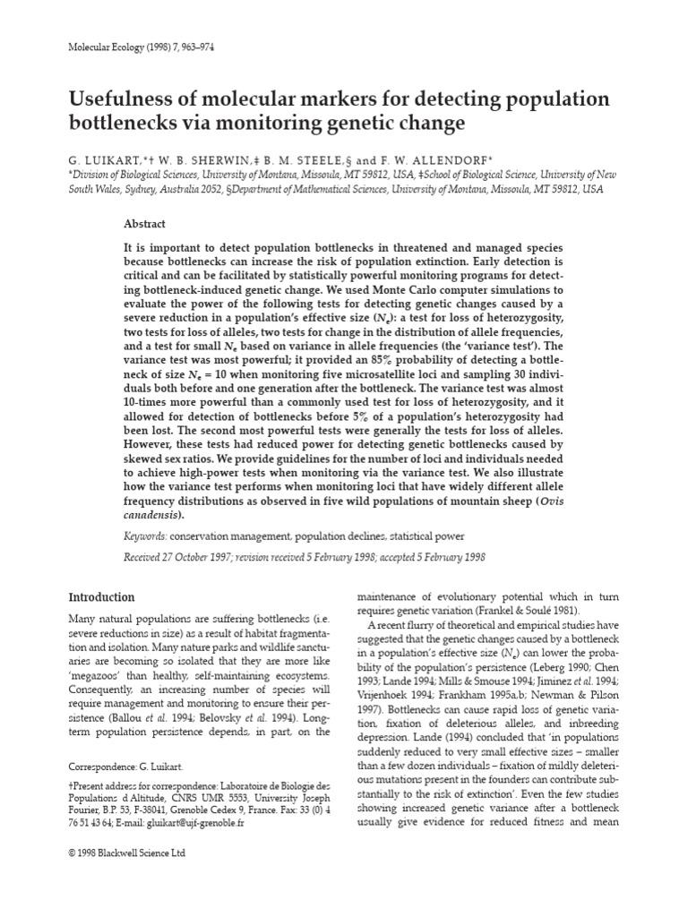 Luikart 1998 Usefulness of Molecular Markers For | PDF | Zygosity | Biology