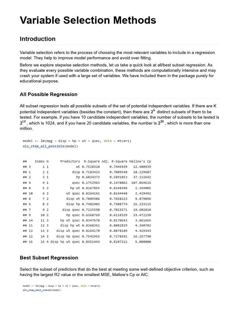Variable Selection Methods | PDF | Errors And Residuals | Mean Squared Error