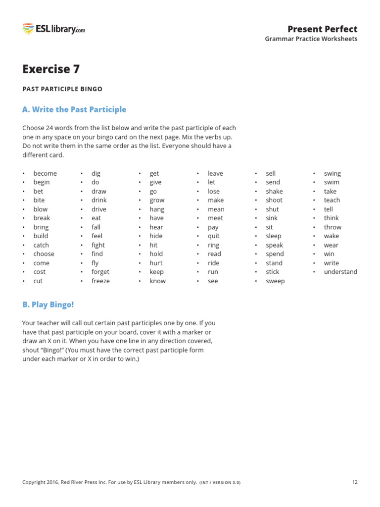 Present Perfect Bingo Activity | PDF | Linguistics | Grammar