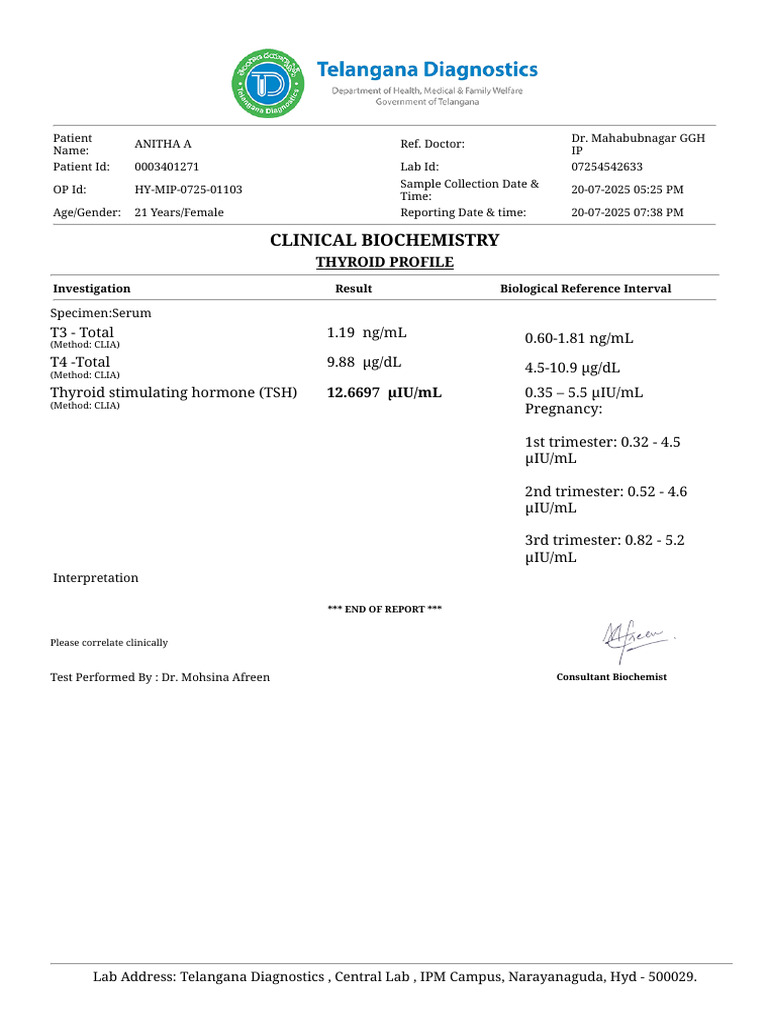 Thyroid Profile Report for Anitha A | PDF