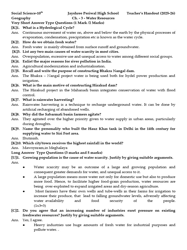 Geog. CH 3 Water Resources - Answer Key | PDF | Dam | Water