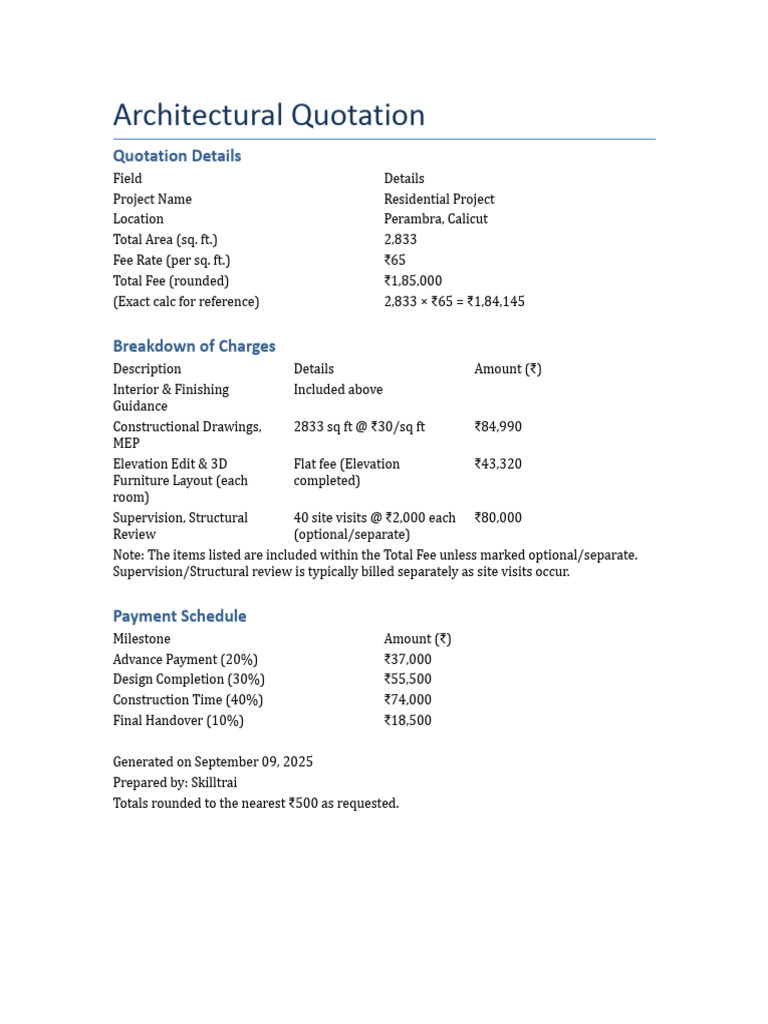 Residential Project Quotation Details | PDF
