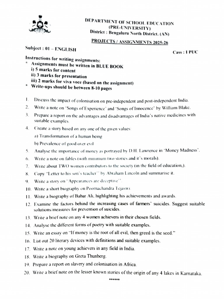 Assignment Questions 1st PU 2025 | PDF