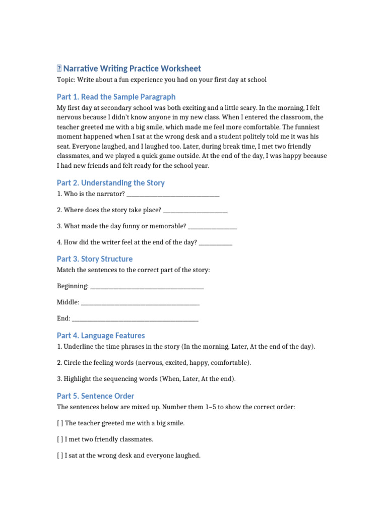 Narrative Writing Practice Worksheet | PDF | Learning | Human Communication