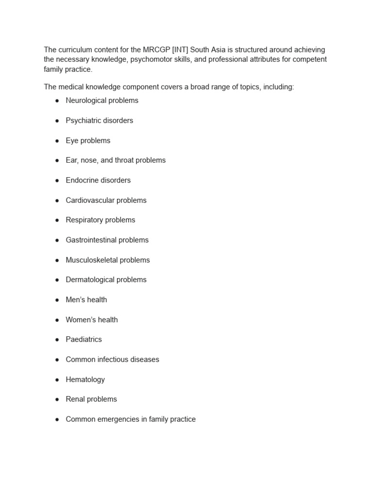 MRCGP South Asia Curriculum Overview | PDF