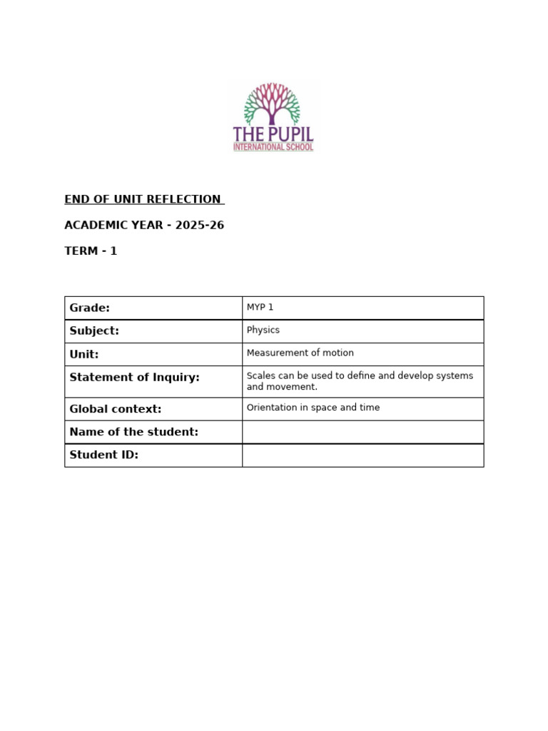 MYP 1 Physics Unit Reflection: Motion | PDF