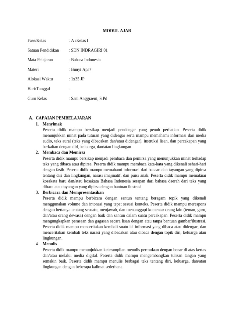 MODUL AJAR Bab 1 SDN Indragiri 01 | PDF