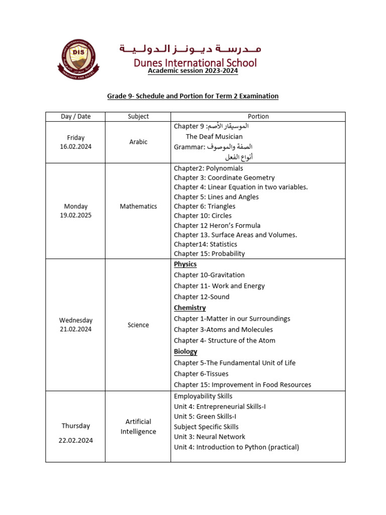 Grade 9 Term 2 Exam Scheduleandportion | PDF