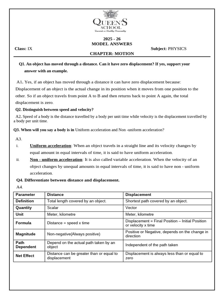 Class - Ix Phy Motion Model - Answer | PDF | Velocity | Acceleration