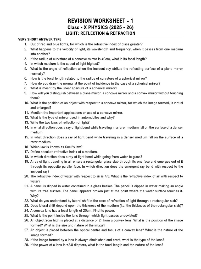 Class X Physics: Light Reflection & Refraction | PDF | Refraction ...