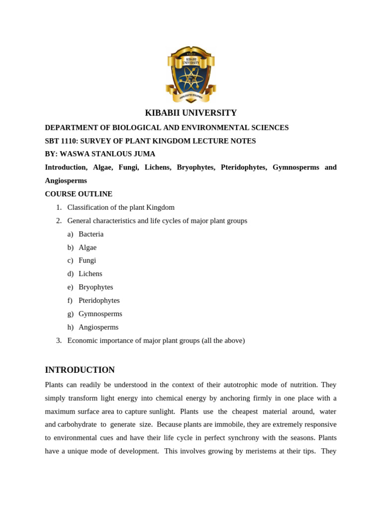 SBT 1110 Introduction and Topic1 | PDF | Algae | Botany