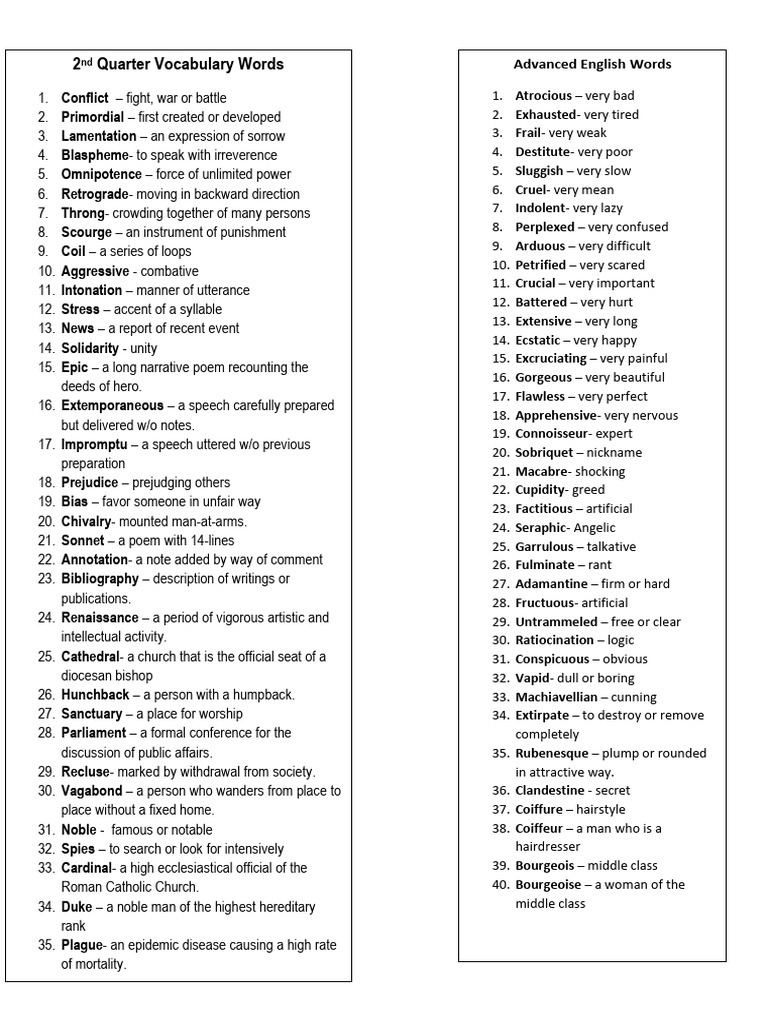 2nd Quarter Vocabulary Words | PDF