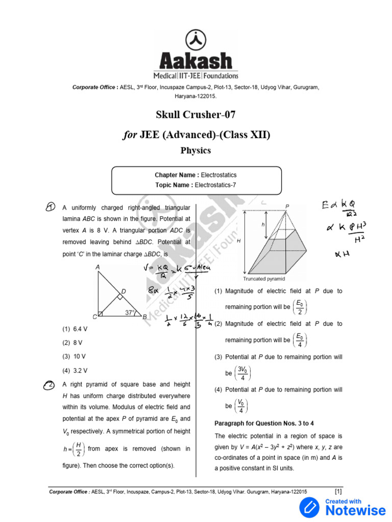 JEE Advanced Physics: Electrostatics Quiz | PDF | Capacitance ...