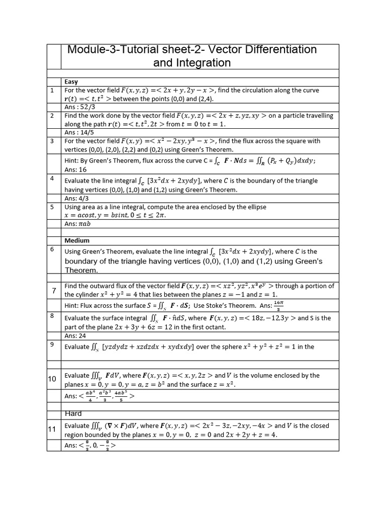 Module 3 Tutorial Sheet 2 Vector Differentiation and Integration | PDF | Flux | Mathematics