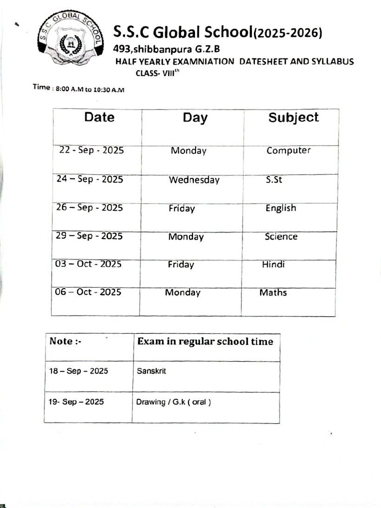Class-8th (Datesheet & Syllabus) | PDF