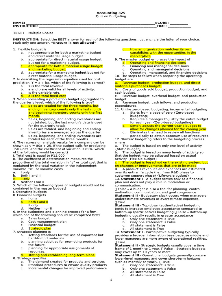 Budgeting Quiz for Accounting 325 | PDF | Budget | Inventory