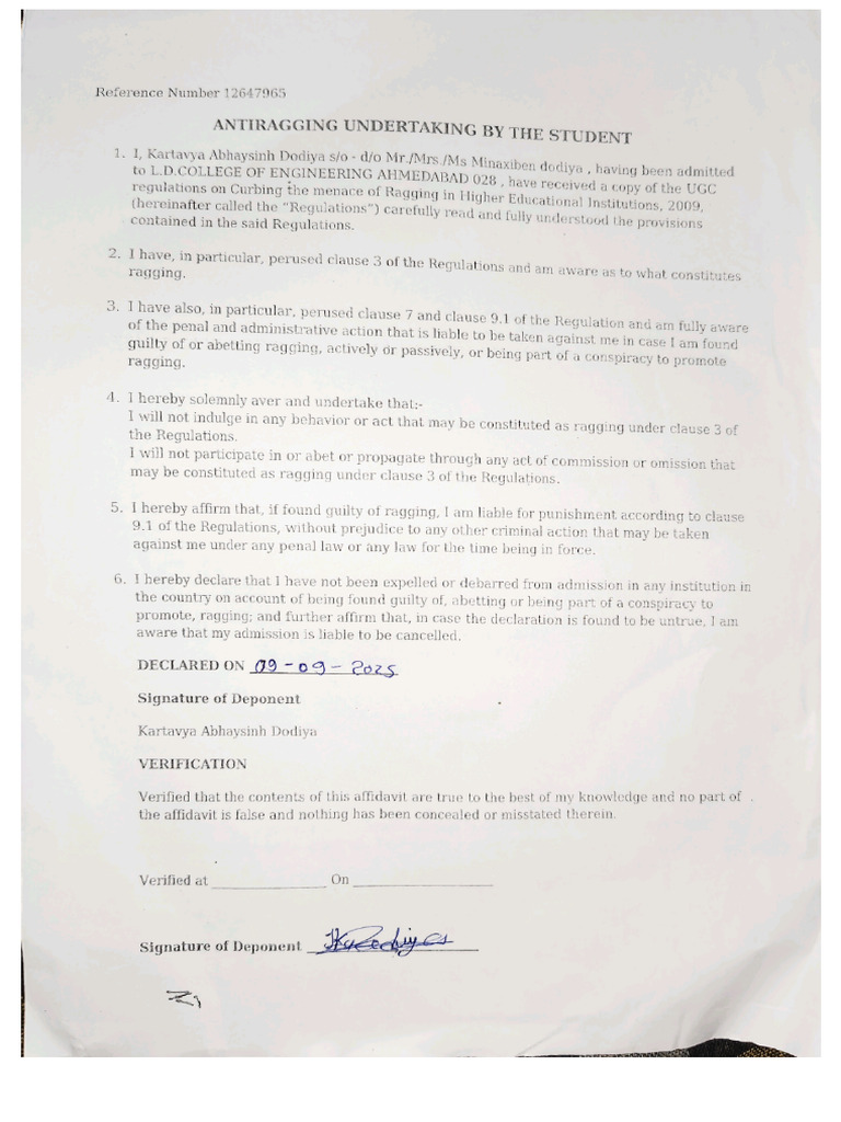 Anti Ragging Form | PDF
