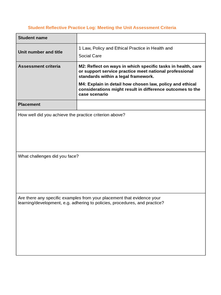 Unit 1 Reflective Log Form | PDF
