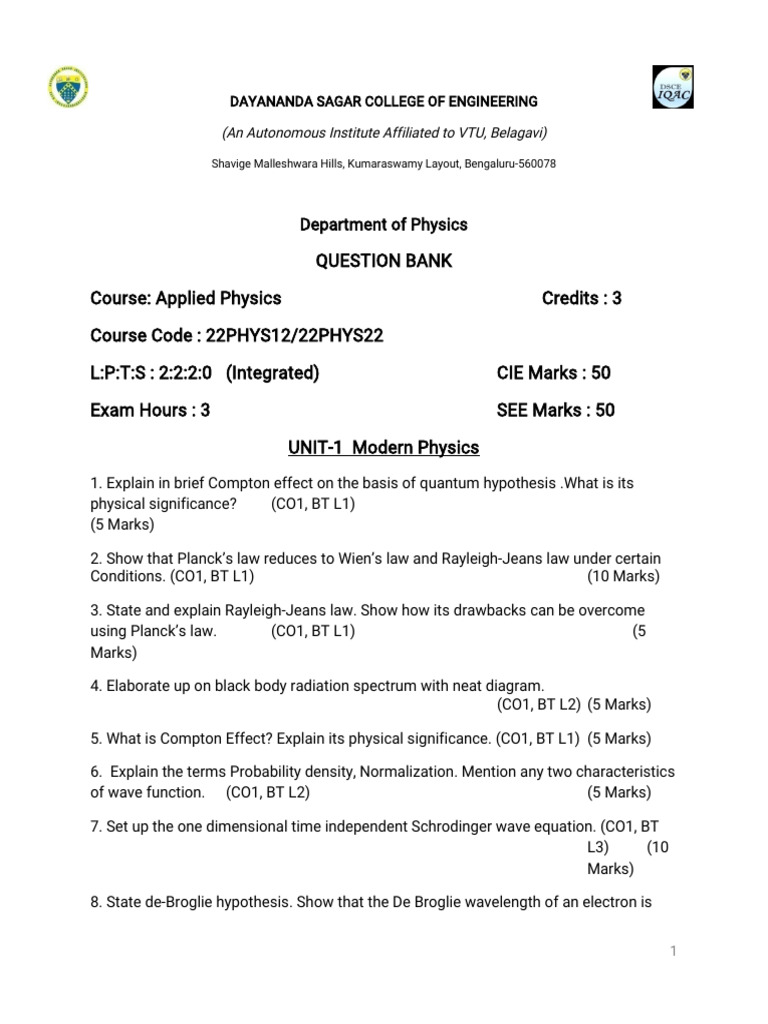 Physics Question Bank 2022-23 I SEM CSE | PDF