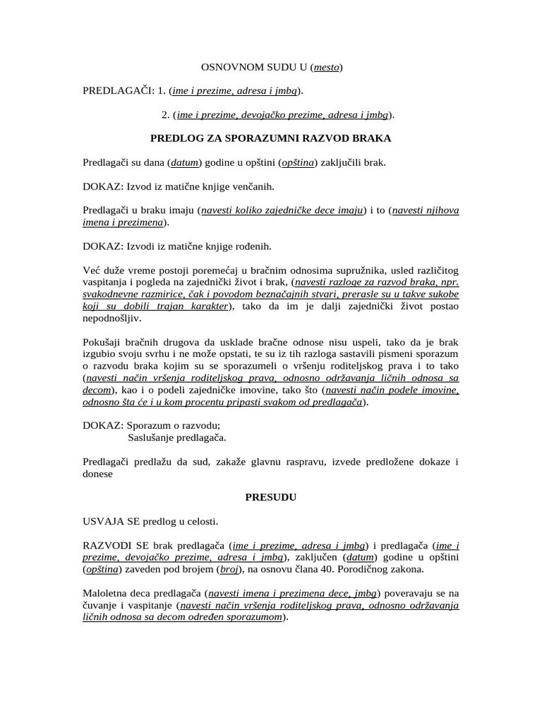 Predlog Za Sporazumni Razvod Braka | PDF
