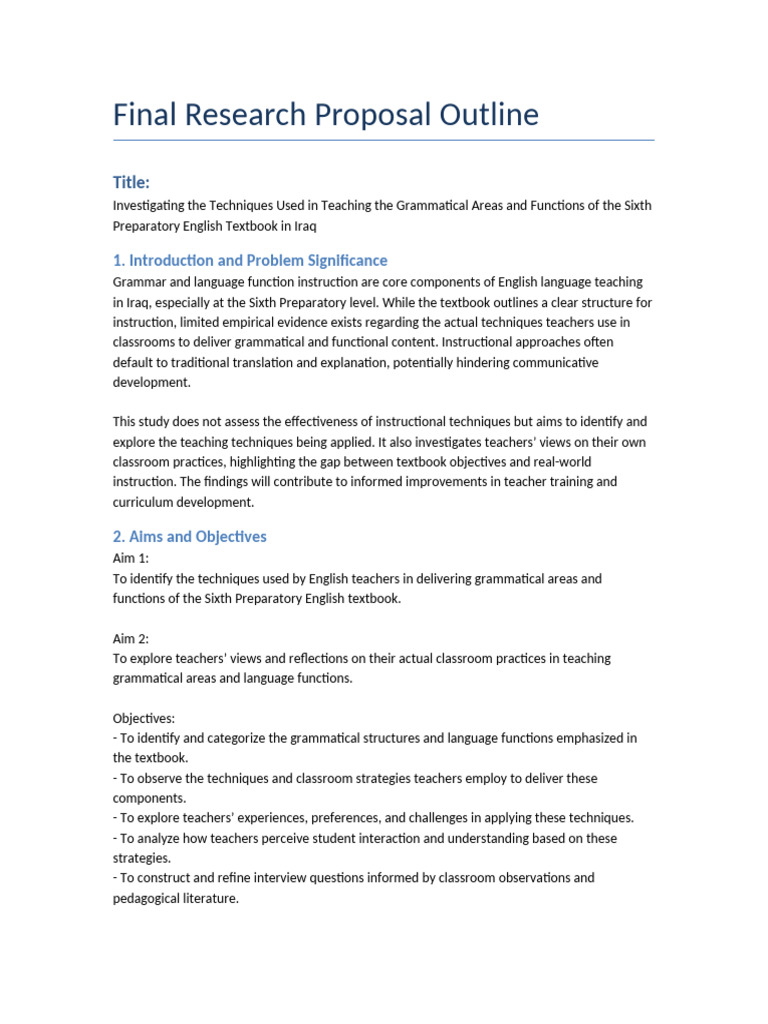Final Research Proposal Outline | PDF | Teachers | Methodology