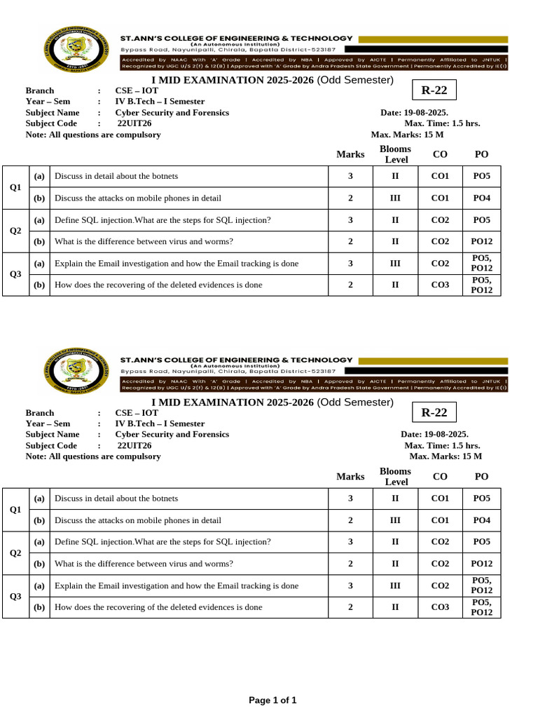 CSF Mid I Question Paper | PDF | Cyberwarfare | Security