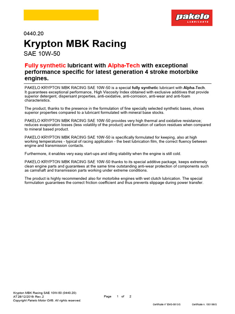 Krypton Racing MBK SAE 10W50 0440.20 | PDF | Lubricant | Motor Oil