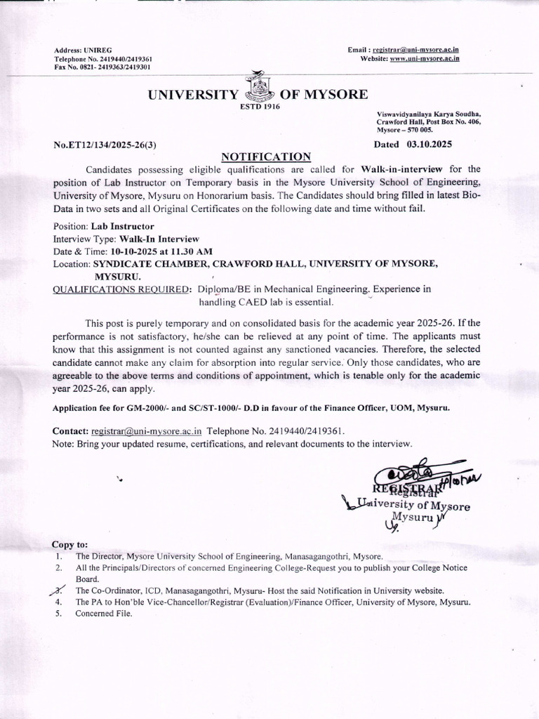 Mysore University Official Notification For Lab Instructor Post | PDF