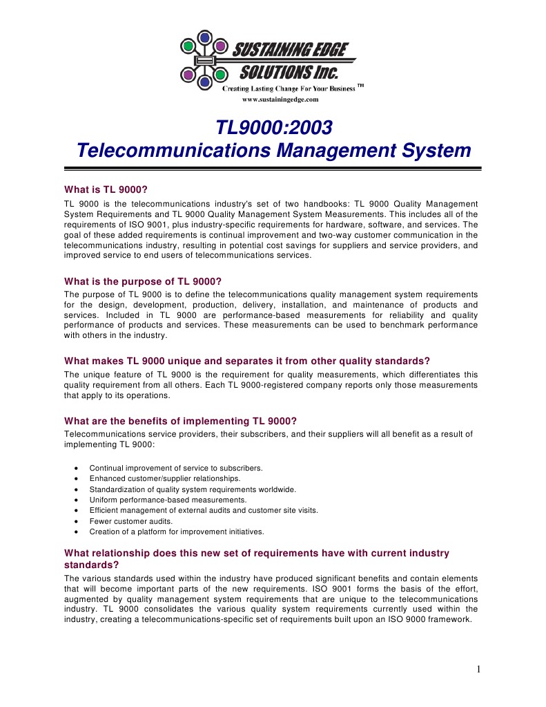 TL 9000 Telecommunications | PDF | Quality Management | Iso 9000