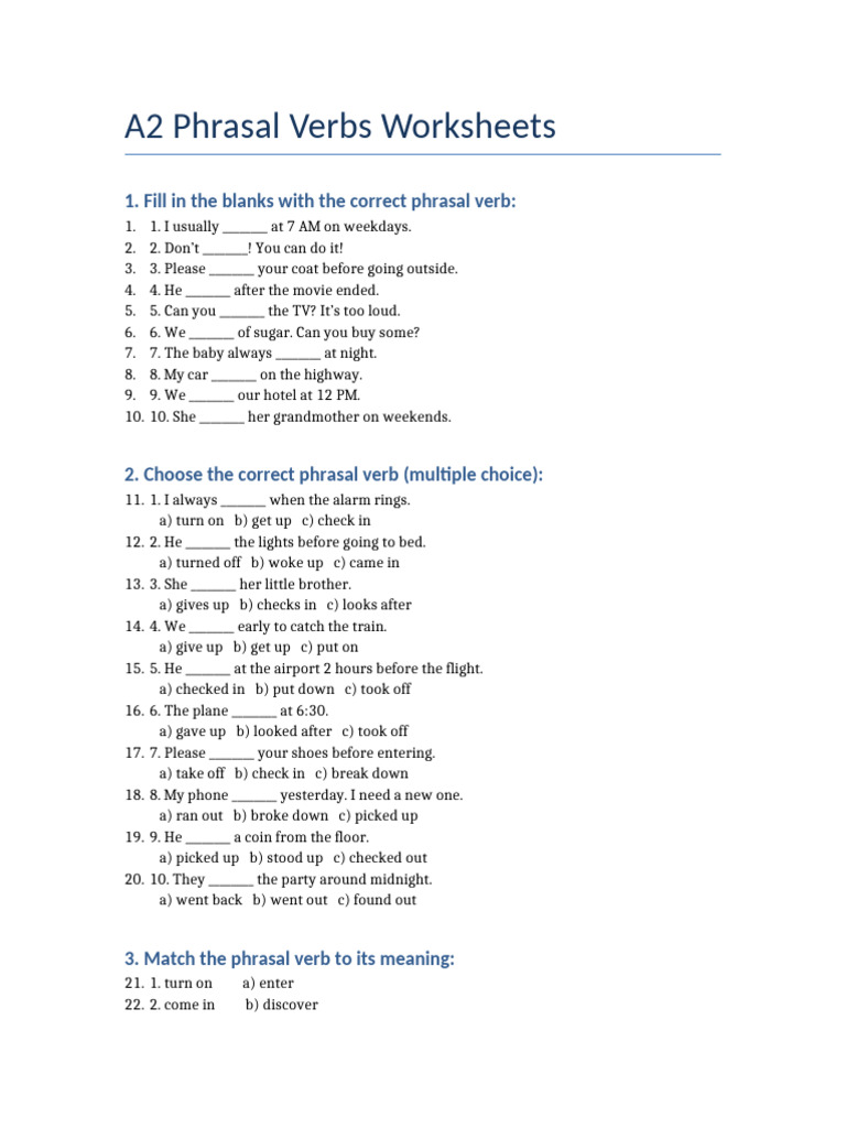 A2 Phrasal Verbs Practice Worksheets | PDF | Chess Openings | Chess