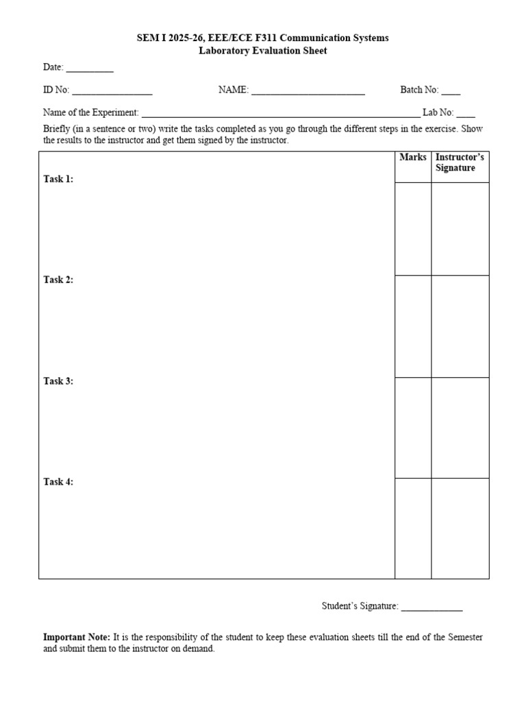 EEE/ECE F311 Lab Evaluation Sheet | PDF