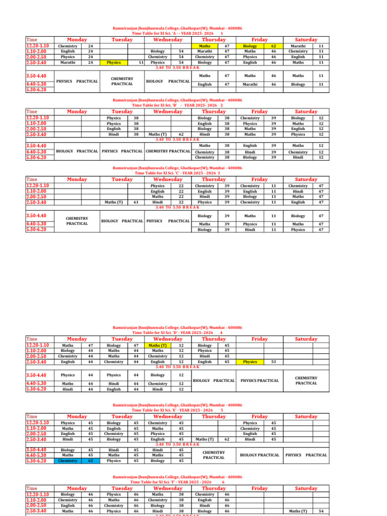 XI Science Time Table 2025-2026 | PDF