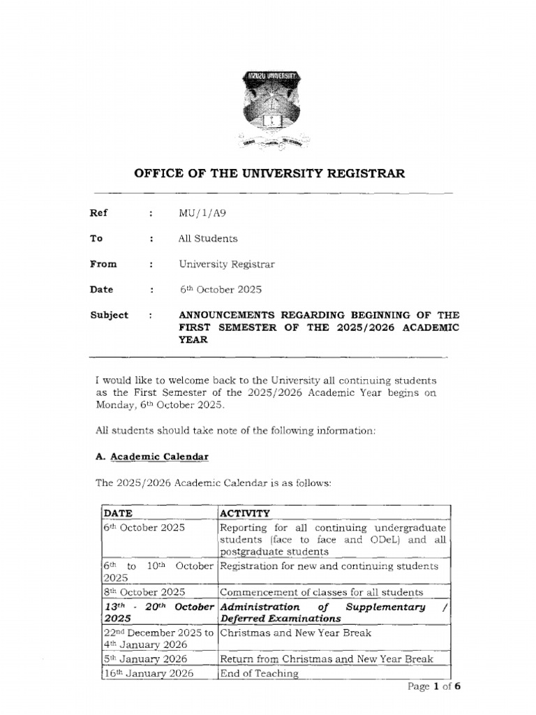 Announcement Regarding Beggining of The First Semester of The 2025-2026 ...