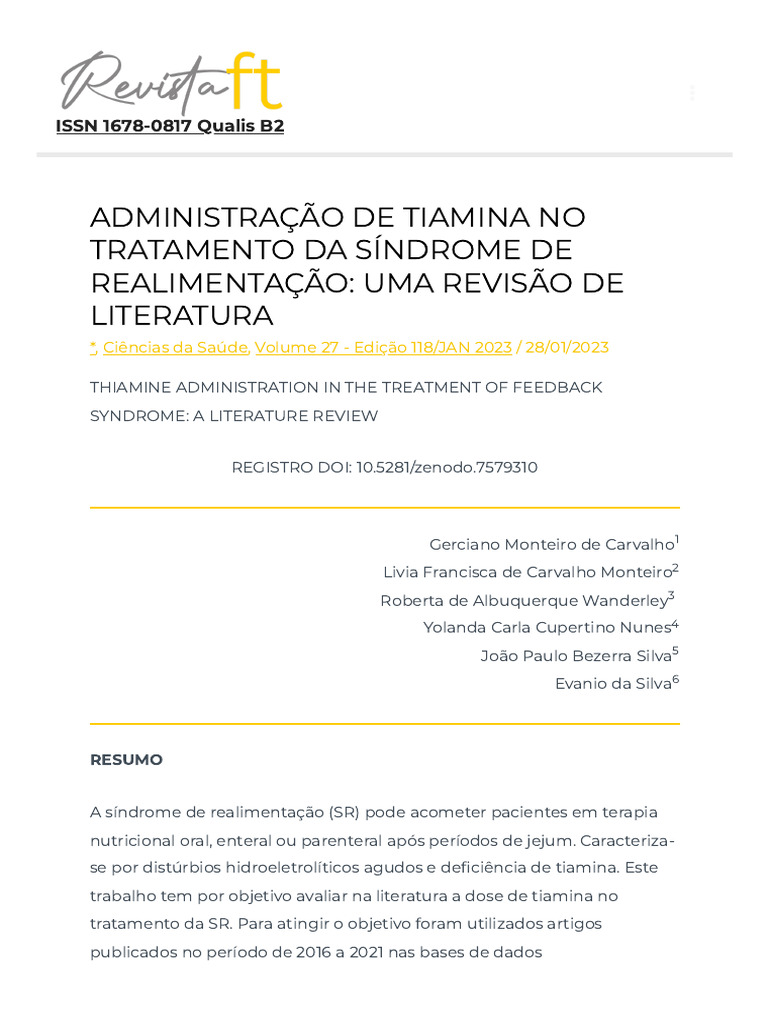 Tiamina no Tratamento da Síndrome de Realimentação | PDF | Metabolismo ...